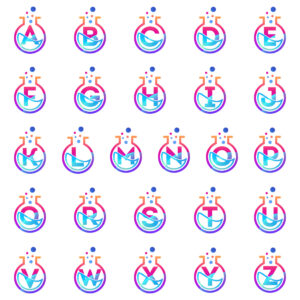 Initial A-Z monogram alphabet with lab glass, chemical liquid, and ...