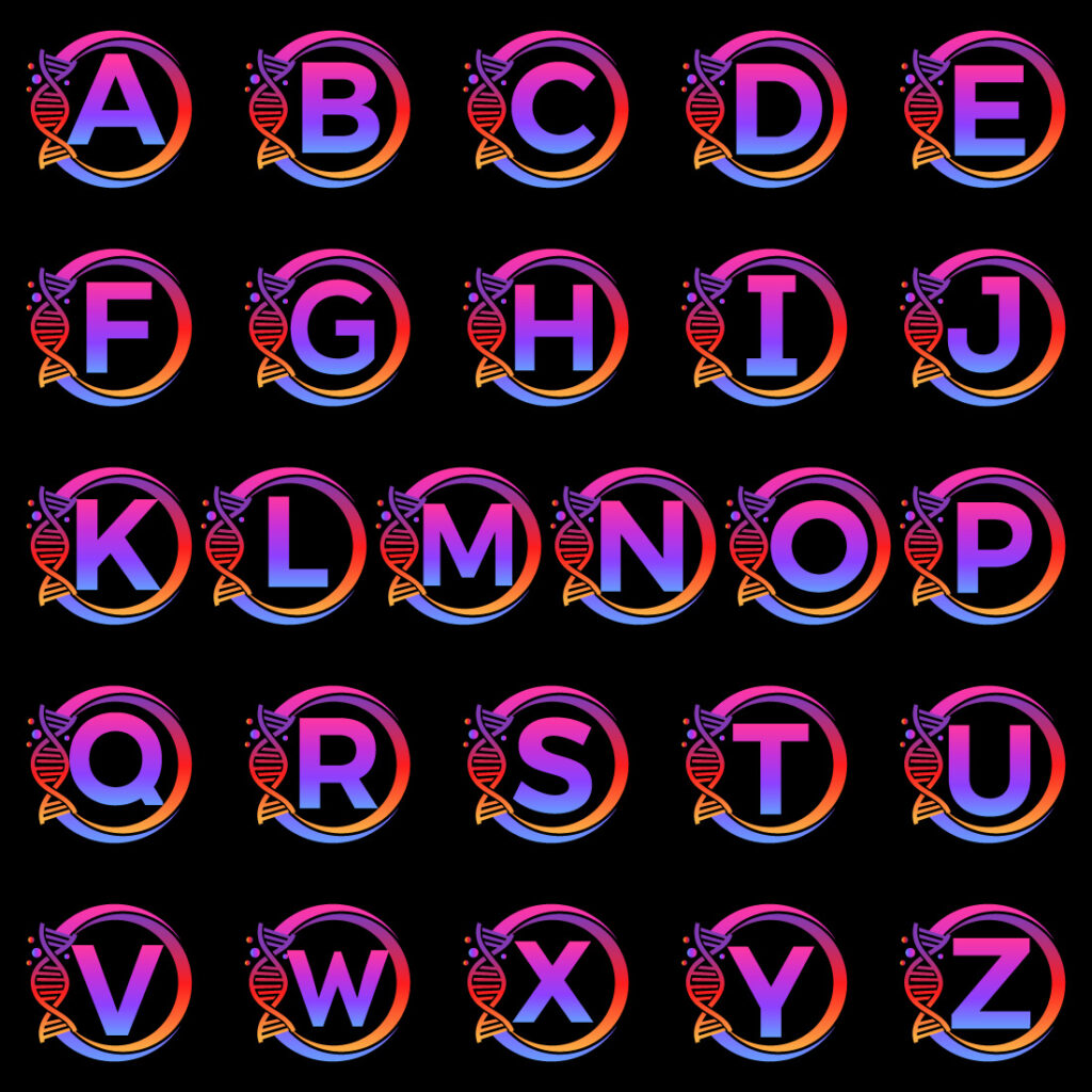 Initial A-Z monogram alphabet in a circle with DNA. Genetics logo ...