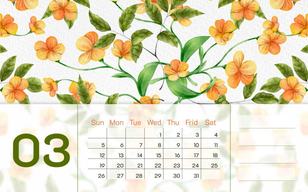 Free March Calendar with Yellow Flowers - MasterBundles