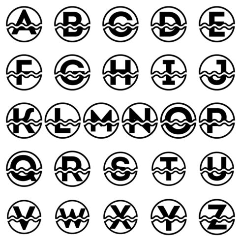 Initial A-Z monogram alphabet in a circle with water waves. Water wave ...