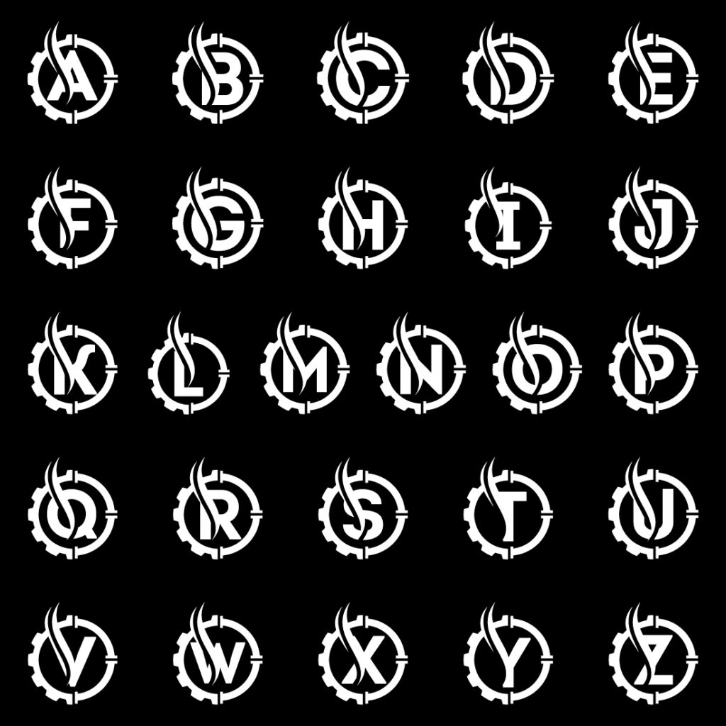 Initial A-Z monogram alphabet with gear pipe and flame. Oil and gas ...