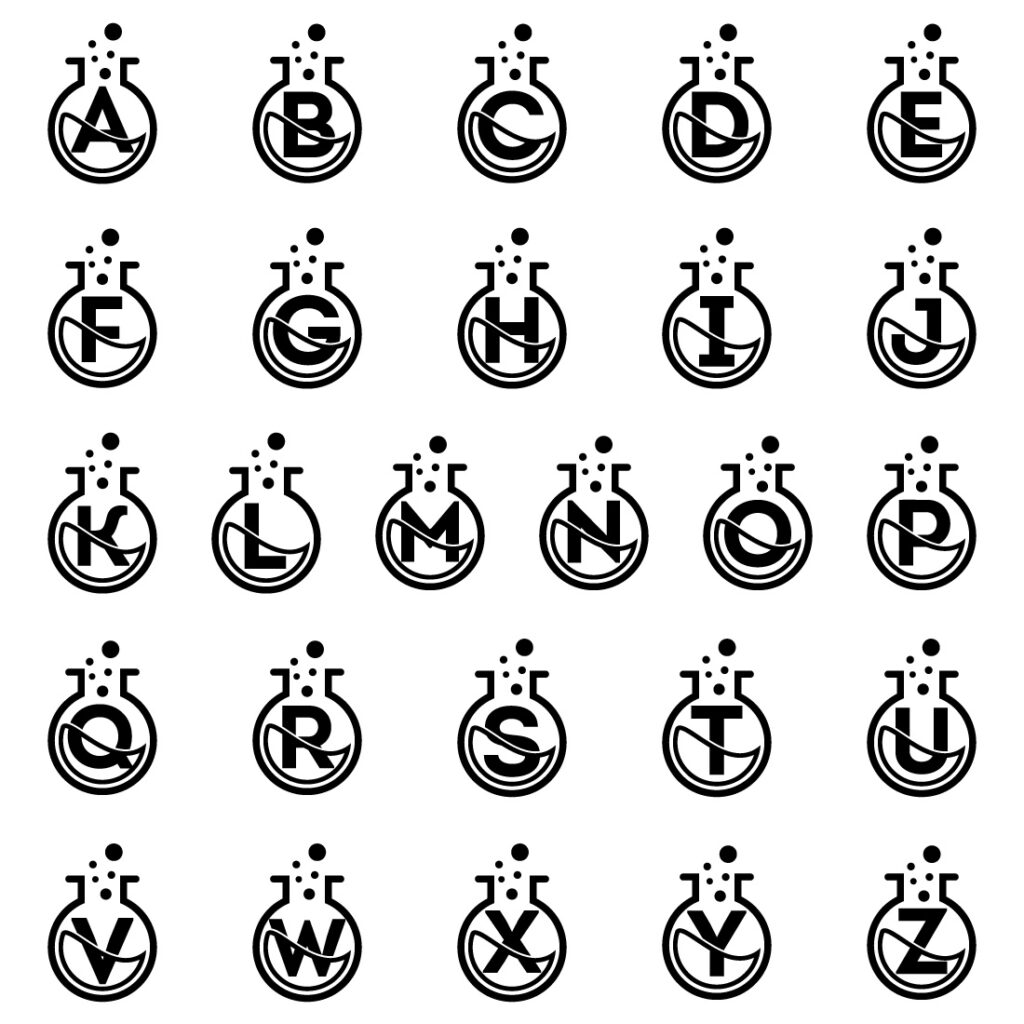 Initial A-Z monogram alphabet with lab glass, chemical liquid, and ...