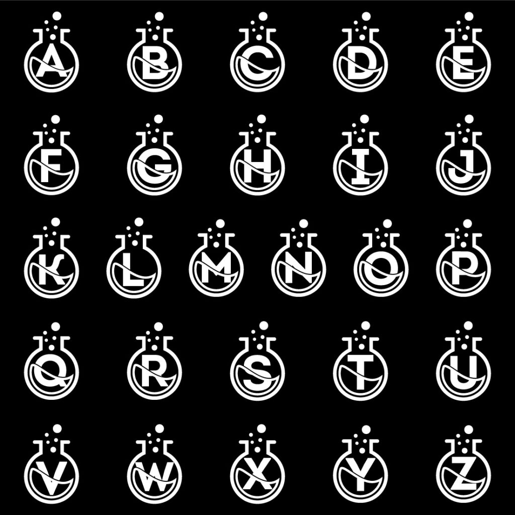 Initial A-Z monogram alphabet with lab glass, chemical liquid, and ...