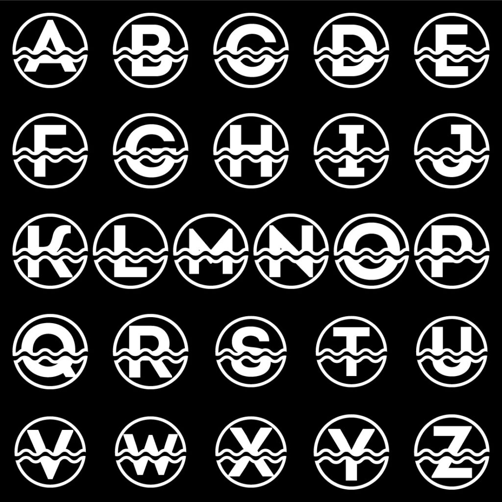 Initial A-Z monogram alphabet in a circle with water waves. Water wave ...