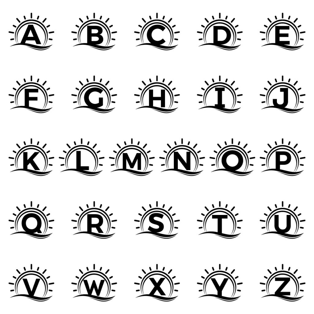 Initial A-Z monogram alphabet with abstract sun and wave. Ocean sun ...