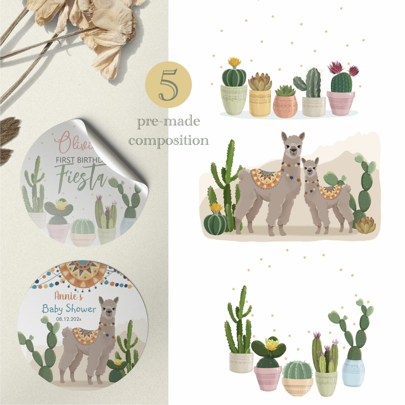 Cacti And Lama Clipart - MasterBundles