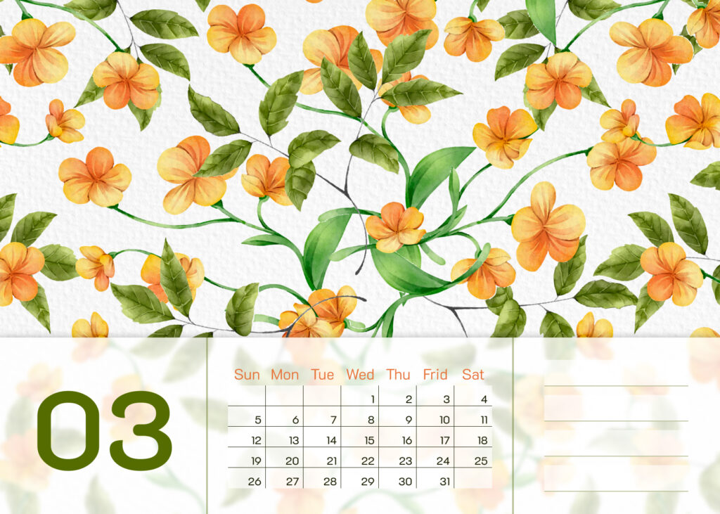 Free March Calendar with Yellow Flowers - MasterBundles