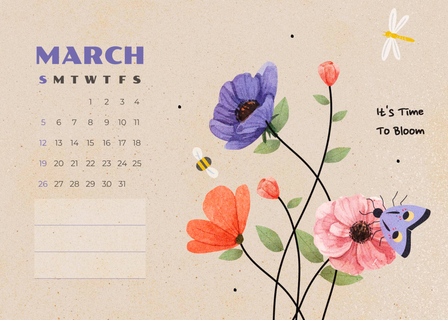 Free Bloom March Calendar - MasterBundles