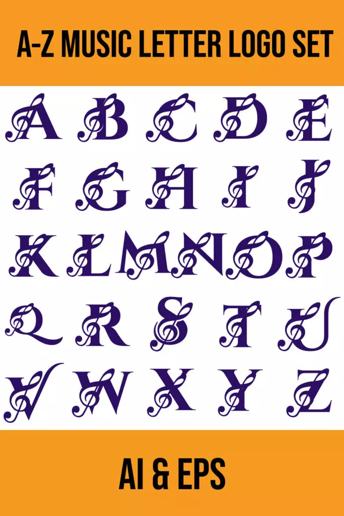 Initial A-Z monogram alphabet with a musical note. Symphony or melody ...