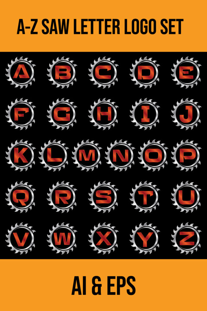 Initial A-Z monogram alphabet with the saw blade. Carpentry ...