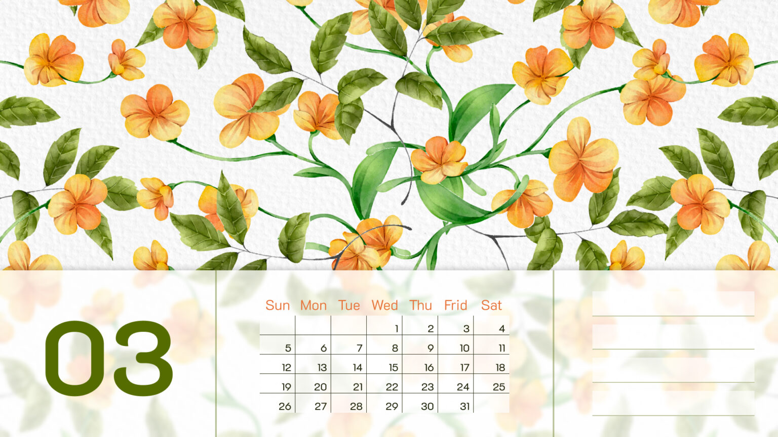 Free March Calendar with Yellow Flowers - MasterBundles