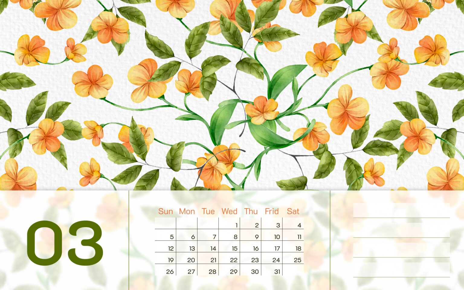 Free March Calendar with Yellow Flowers - MasterBundles