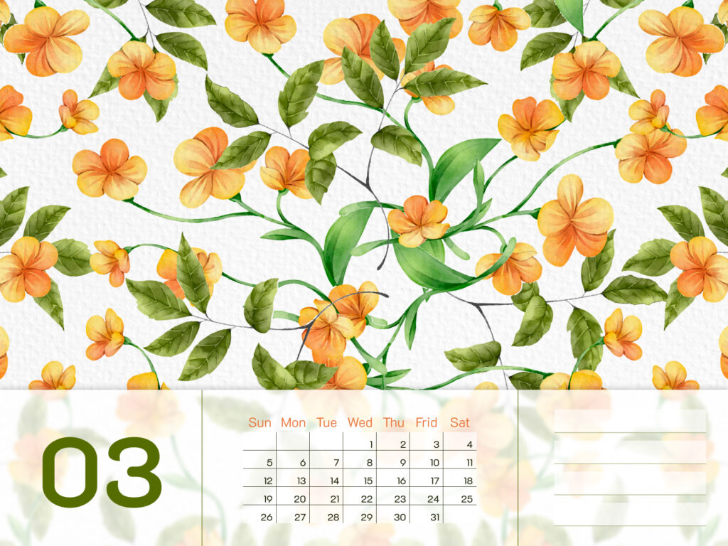 Free March Calendar with Yellow Flowers - MasterBundles