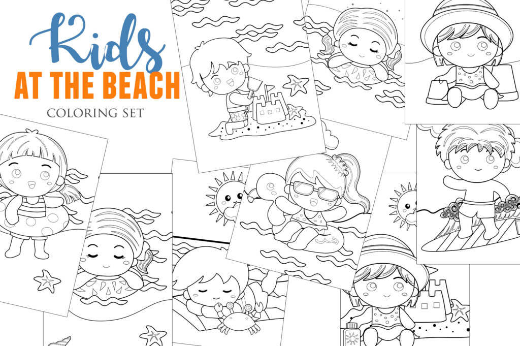 Summer Kids at the Beach Holiday Coloring Pages Activity For Kids And ...