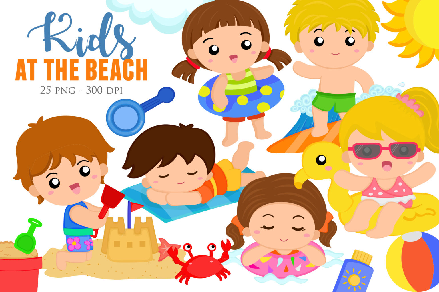 Kids at the Beach Summer Cute Vector Clipart Illustrations - MasterBundles