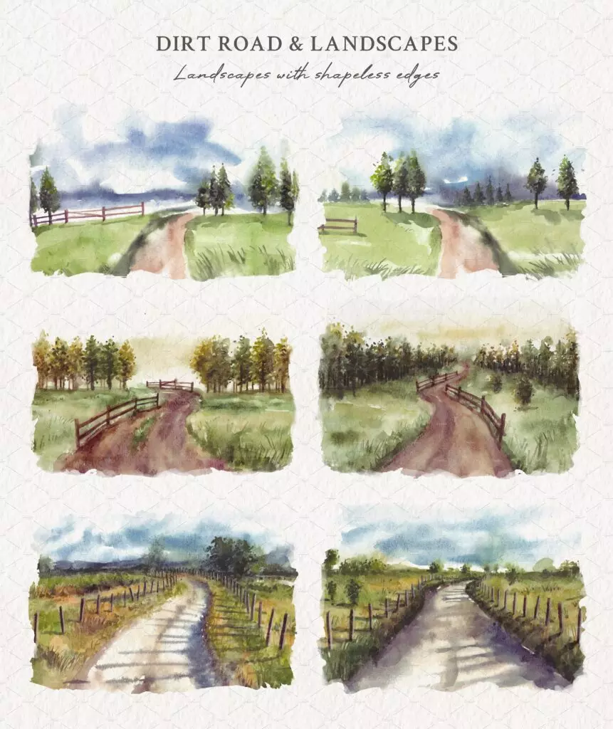 Watercolor Dirt Road & Landscapes – MasterBundles