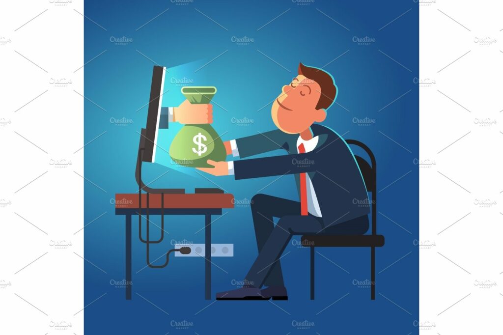 Hand giving money from a computer to businessman – MasterBundles