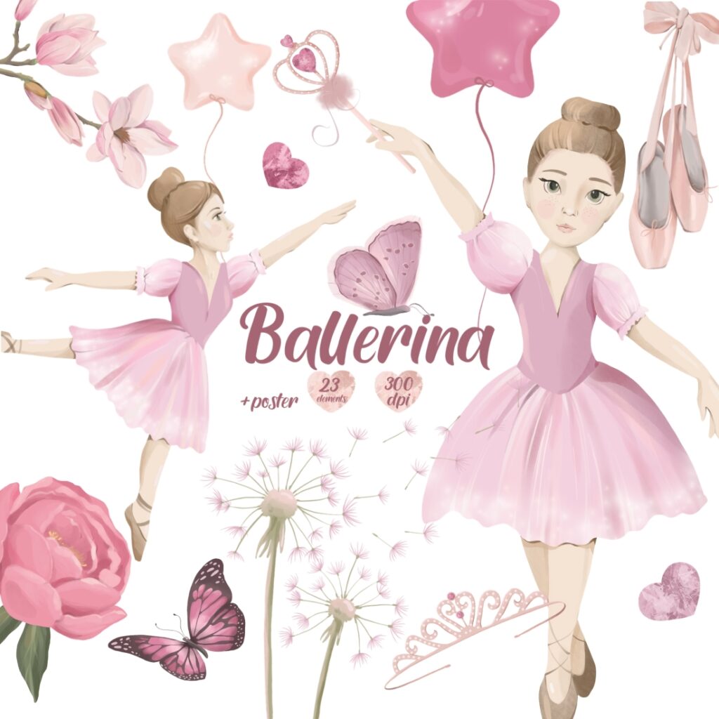 Cute Pink Ballerina Collection Clipart - MasterBundles