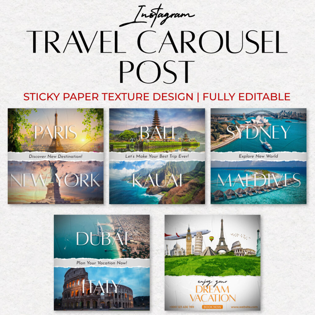 Social Media Travel Carousel Post Design | Sticky Paper Texture Design ...