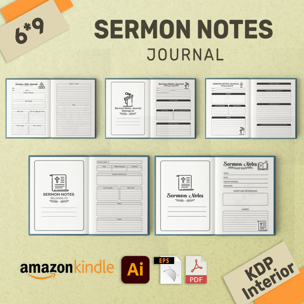 5 Amazing Sermon Notes Journal Amazon KDP Interior Bundles - MasterBundles