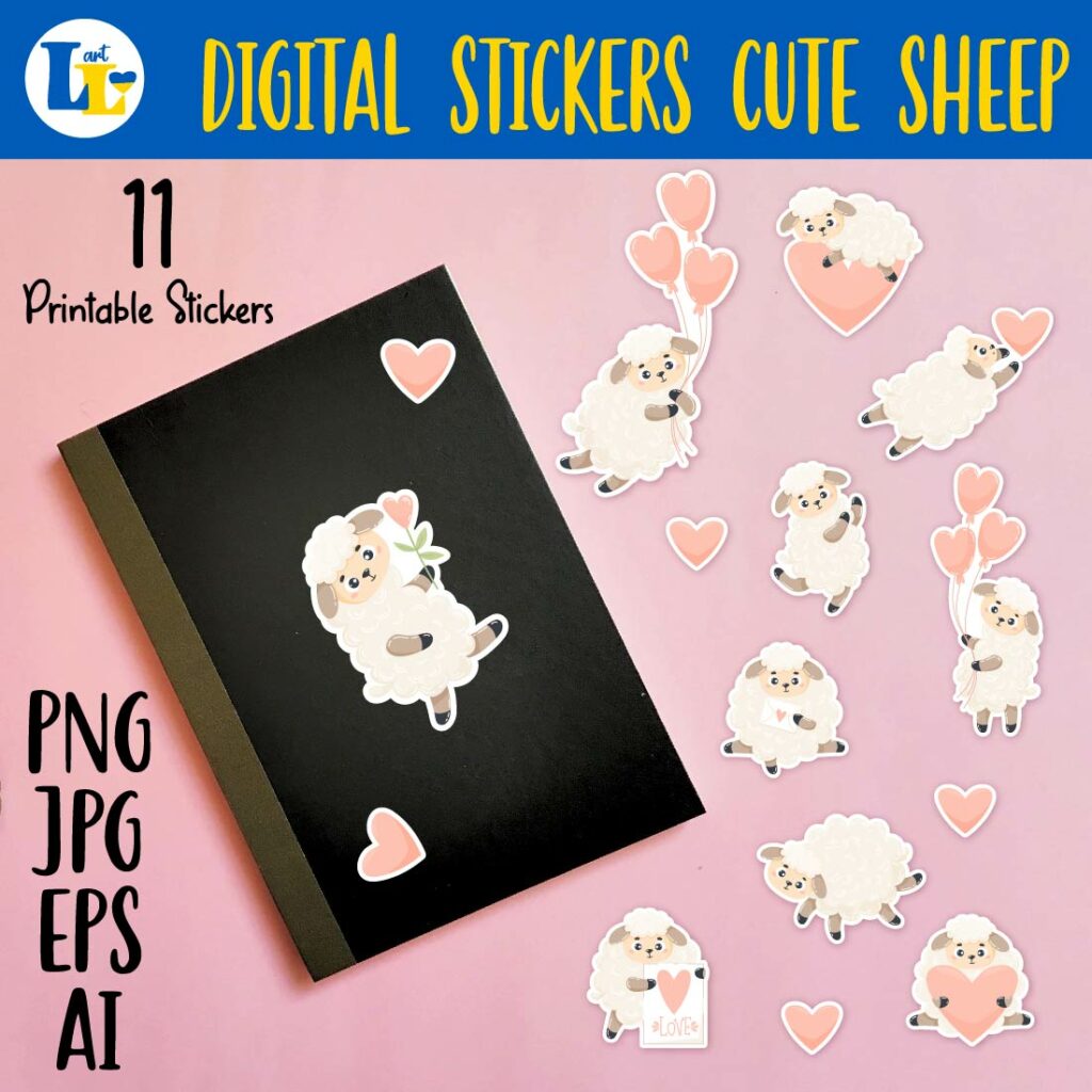 Cute sheep in love stickers bundle | 11 Printable digital sticker valentine