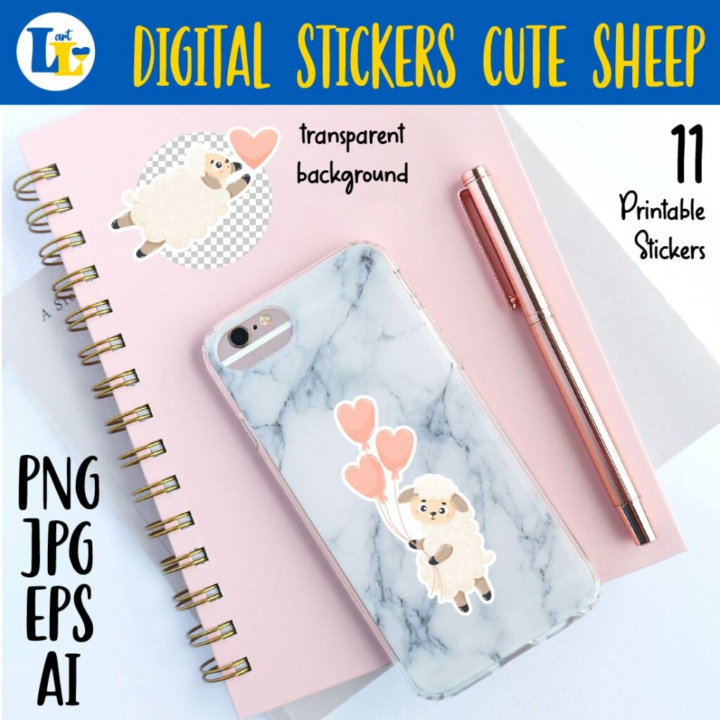 Cute sheep in love stickers bundle | 11 Printable digital sticker valentine