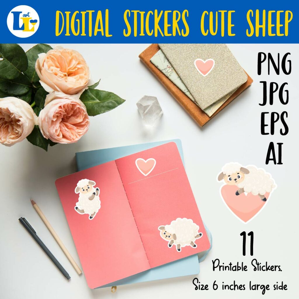 Cute sheep in love stickers bundle | 11 Printable digital sticker valentine