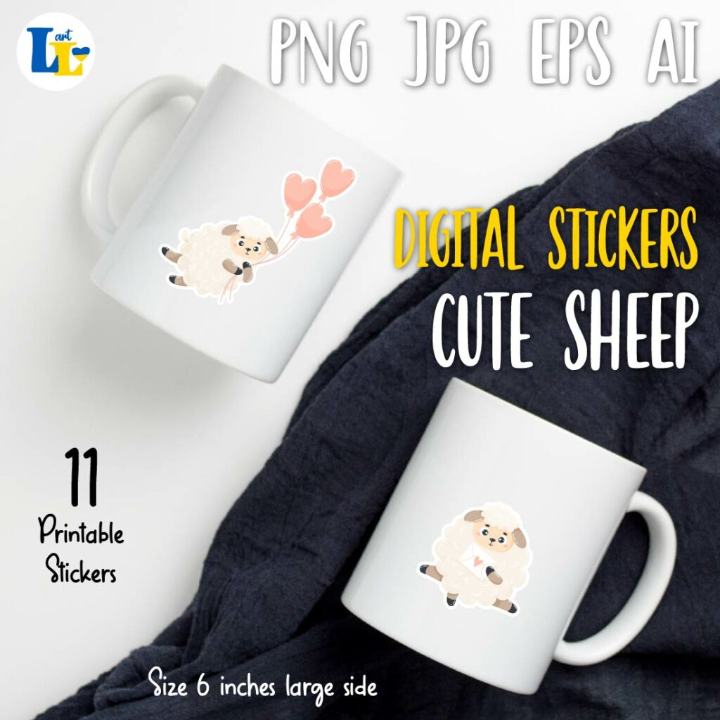 Cute sheep in love stickers bundle | 11 Printable digital sticker valentine