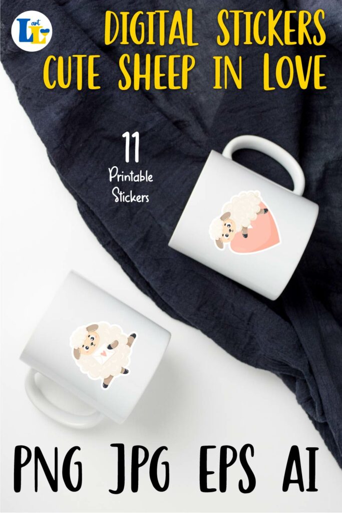 Cute sheep in love stickers bundle | 11 Printable digital sticker valentine