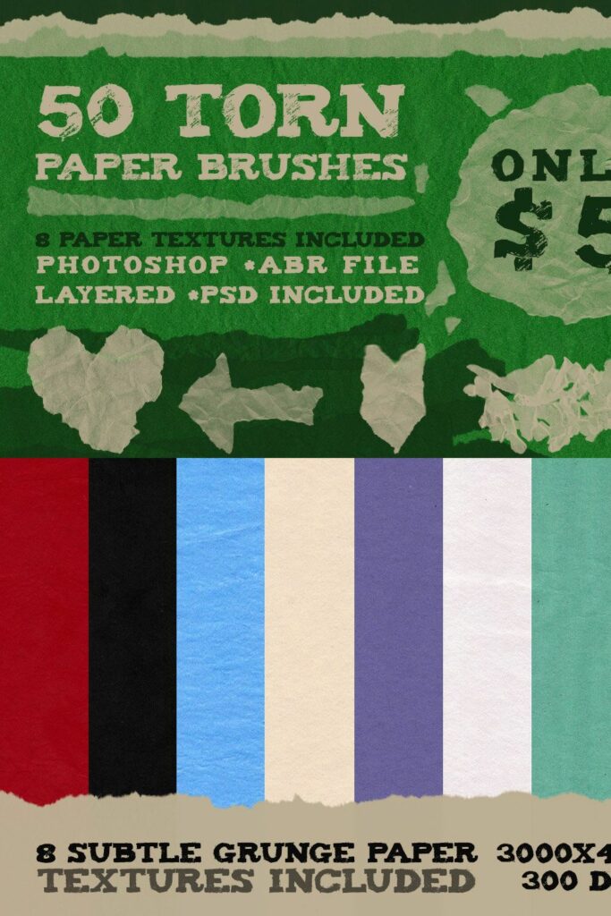 50 Torn Paper Brushes + 8 Textures – MasterBundles