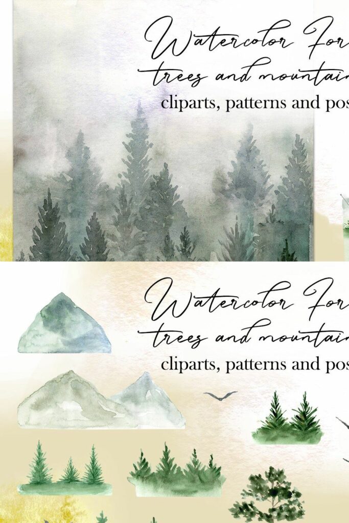 Watercolor Forest Mountains, Trees – MasterBundles