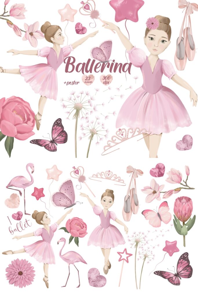 Cute Pink Ballerina Collection Clipart - MasterBundles