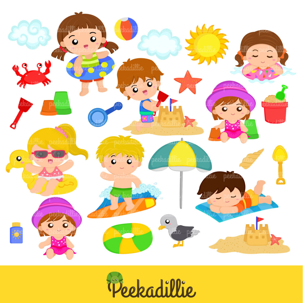 Kids at the Beach Summer Cute Vector Clipart Illustrations - MasterBundles