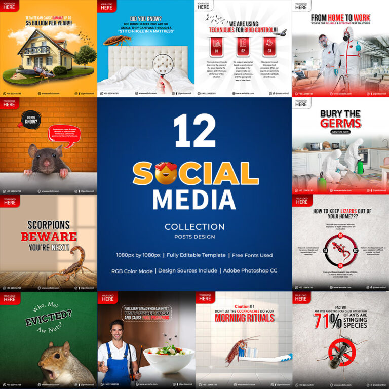 12 Clean, Minimal style Social Media Pest Control Banner Posts Bundle ...