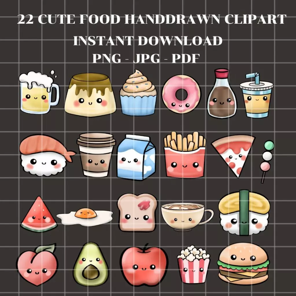 22 Cute Food Handdrawn Clipart - PNG - JPG - PDF - Instant download ...