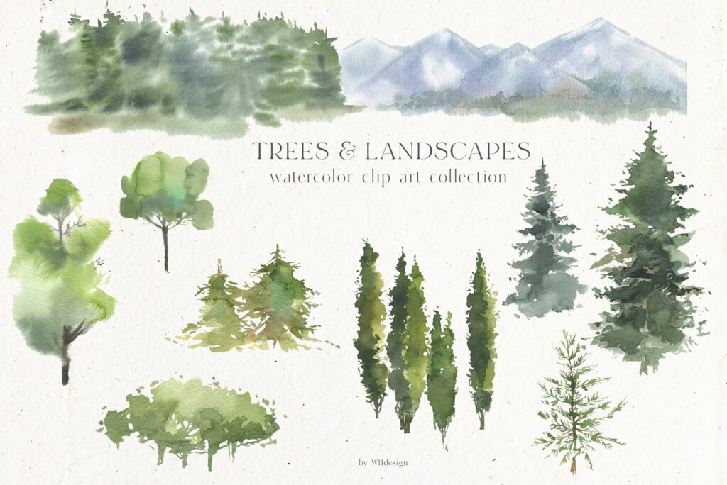 Trees & Mountains Watercolour – MasterBundles