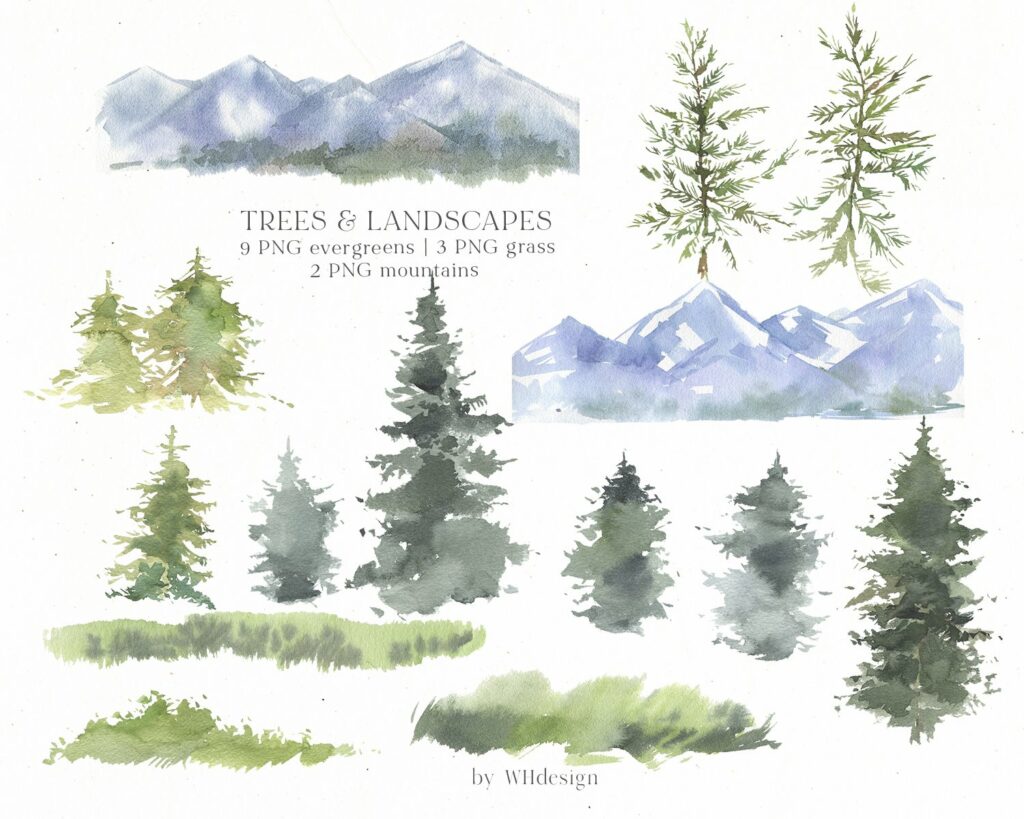Trees & Mountains Watercolour – MasterBundles