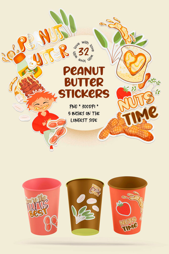Set of peanut butter stickers | 32 sticker designs for peanut butter ...