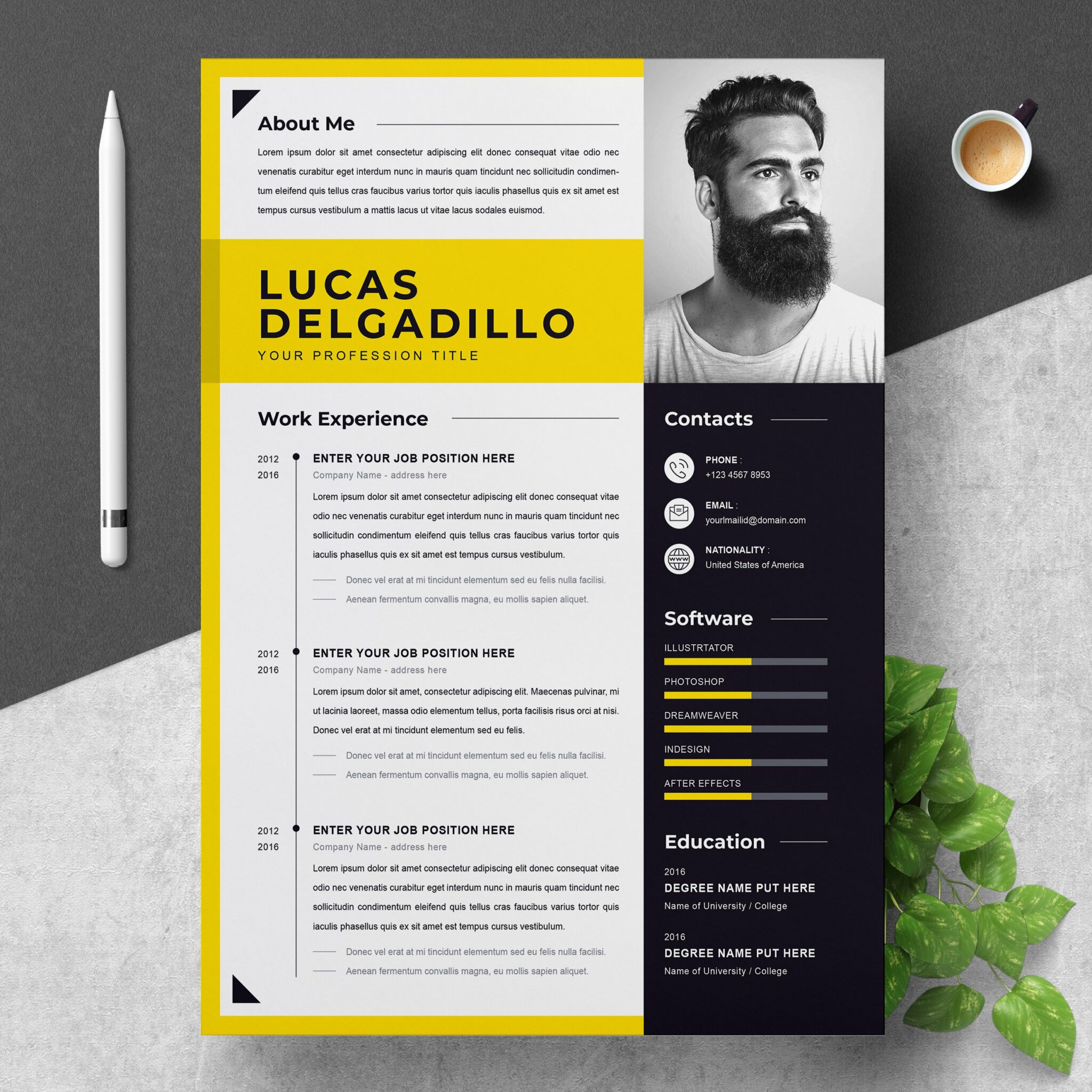 Minimal Yellow Resume / CV Template – MasterBundles