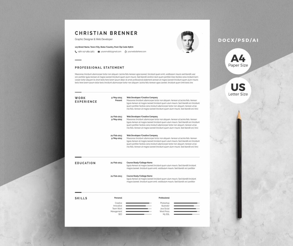Minimal Resume Template 4 Pages – MasterBundles