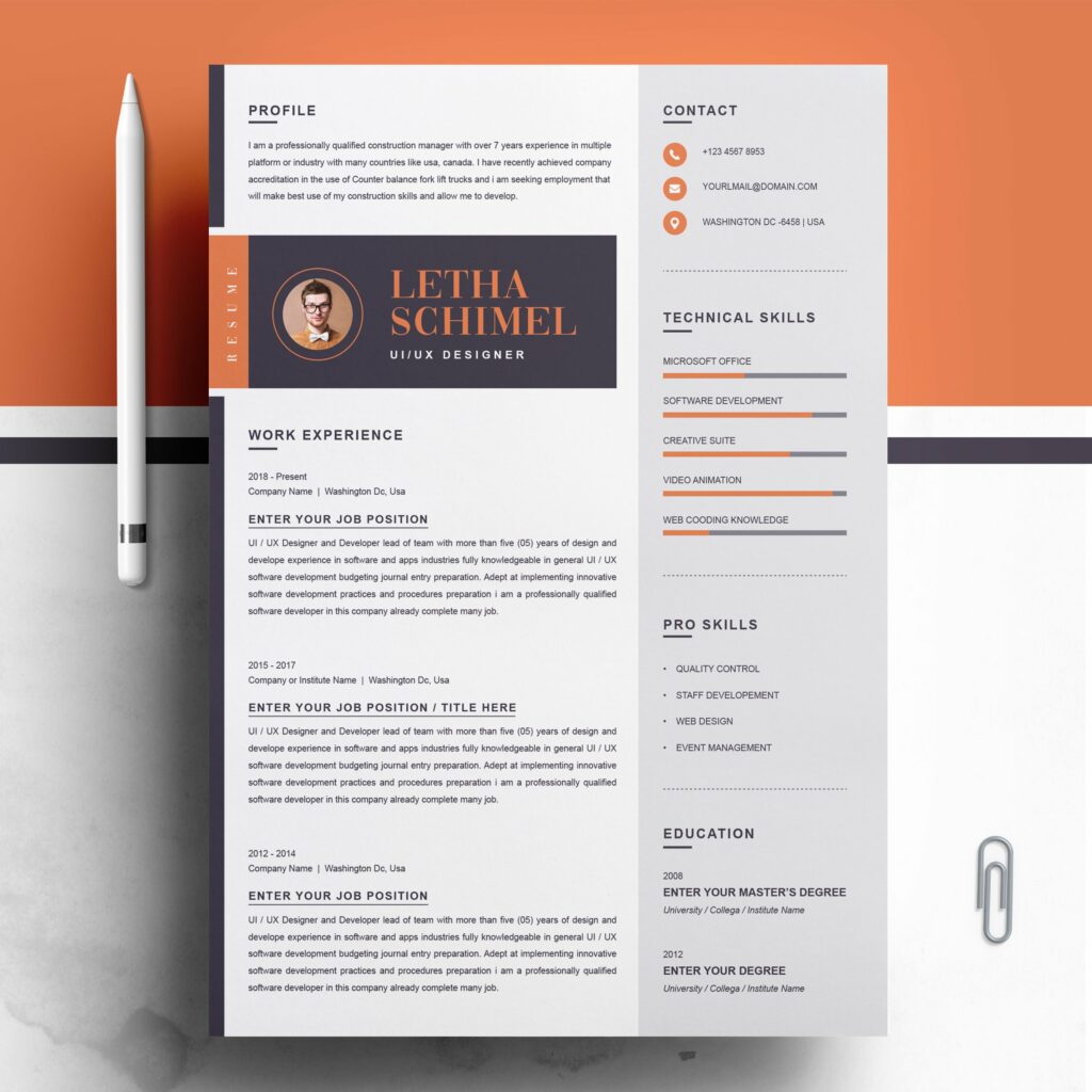 Modern & Clean Resume / CV Template – MasterBundles
