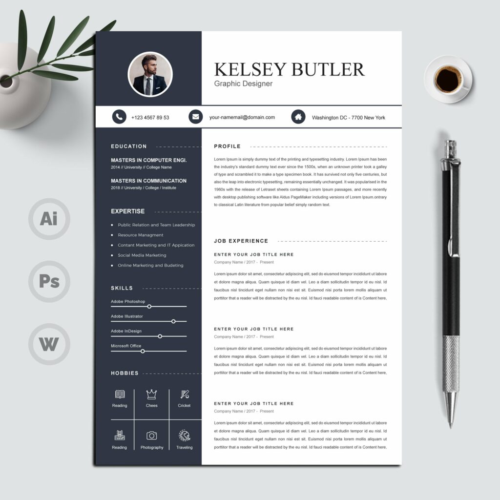 Resume Layout with Sidebar and Blue Elements - MasterBundles