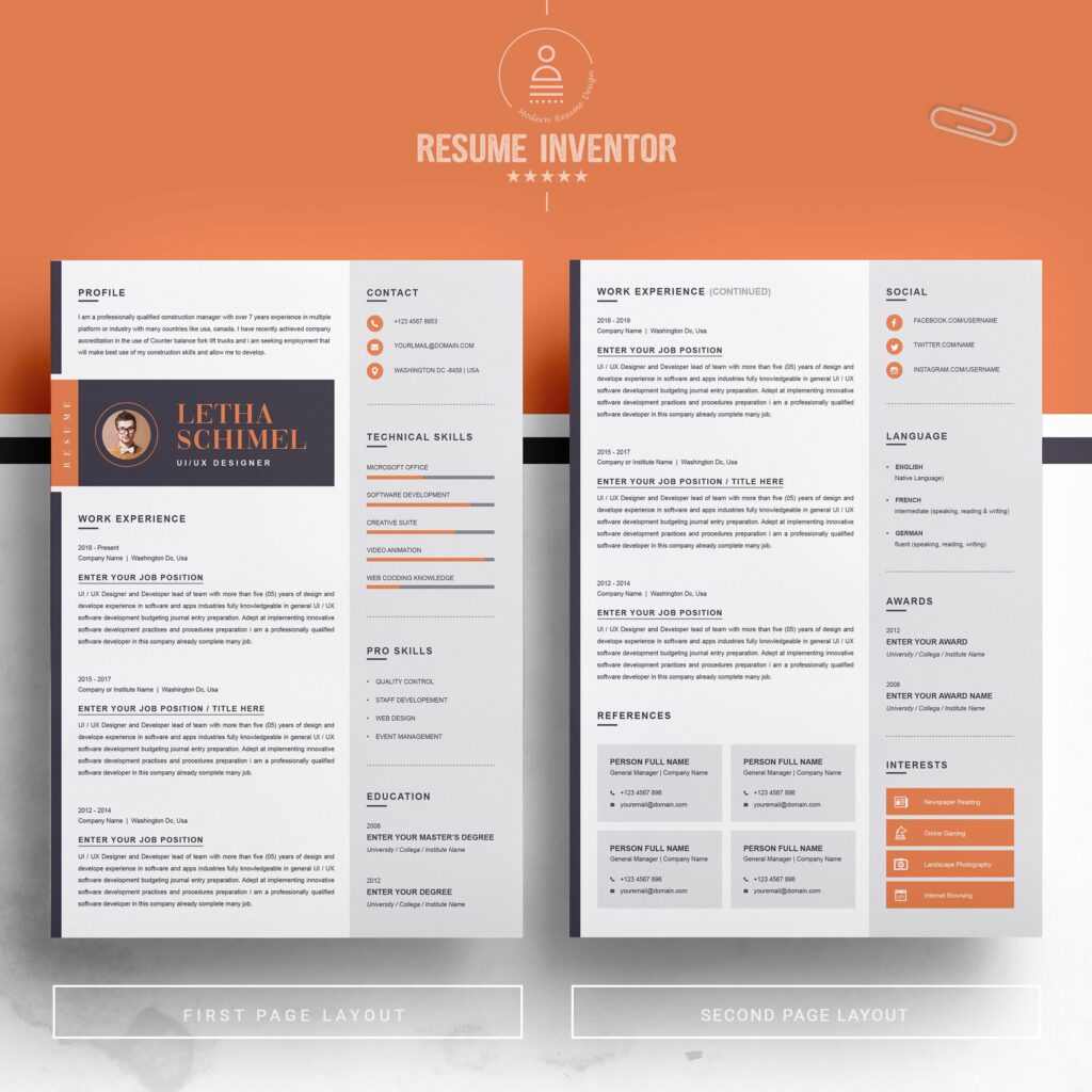 Modern & Clean Resume / CV Template – MasterBundles