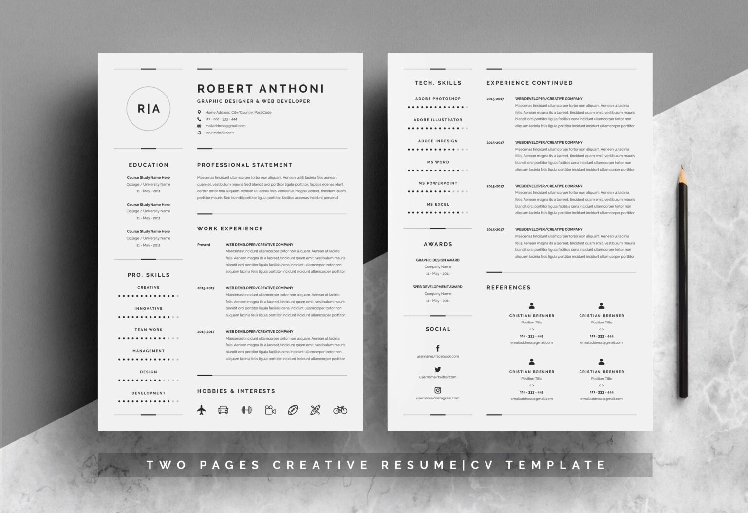 3 Pages Clean Resume/CV Template – MasterBundles