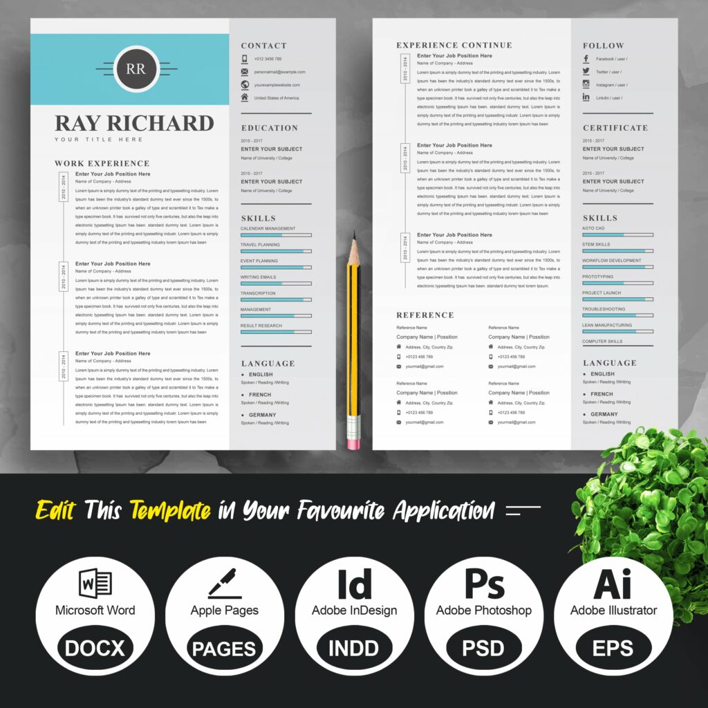 2 Pages Resume / CV Template – MasterBundles