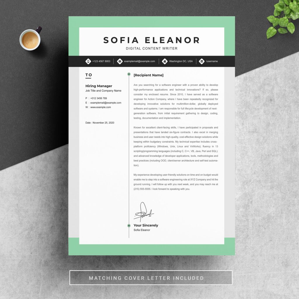 Creative Resume Template Word, CV – MasterBundles