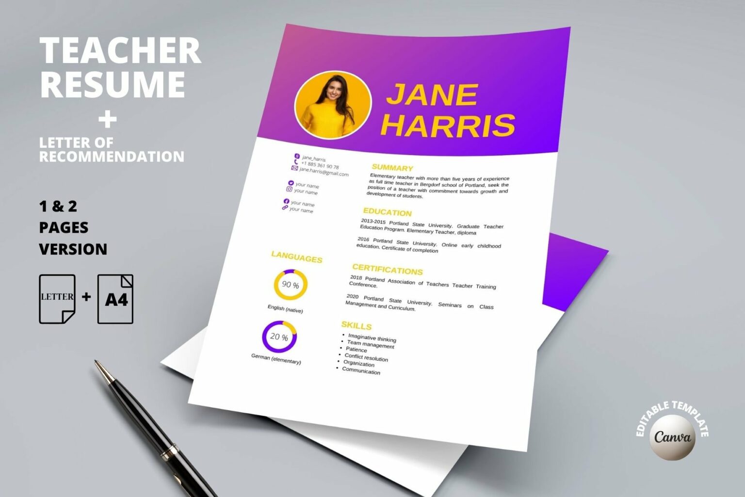 Teacher Resume Template |Canva – MasterBundles