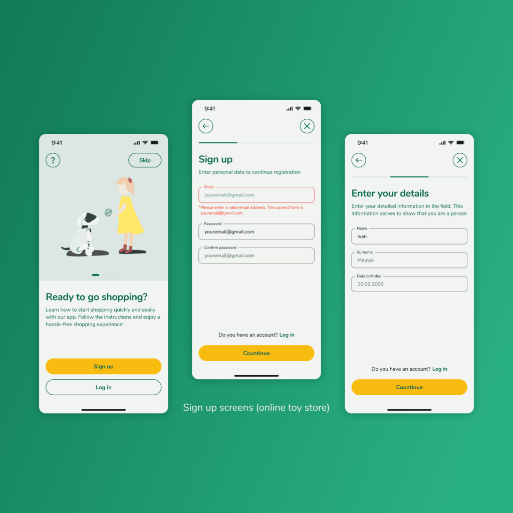 Signup and Login screen for an online store (in my case, a toy store ...