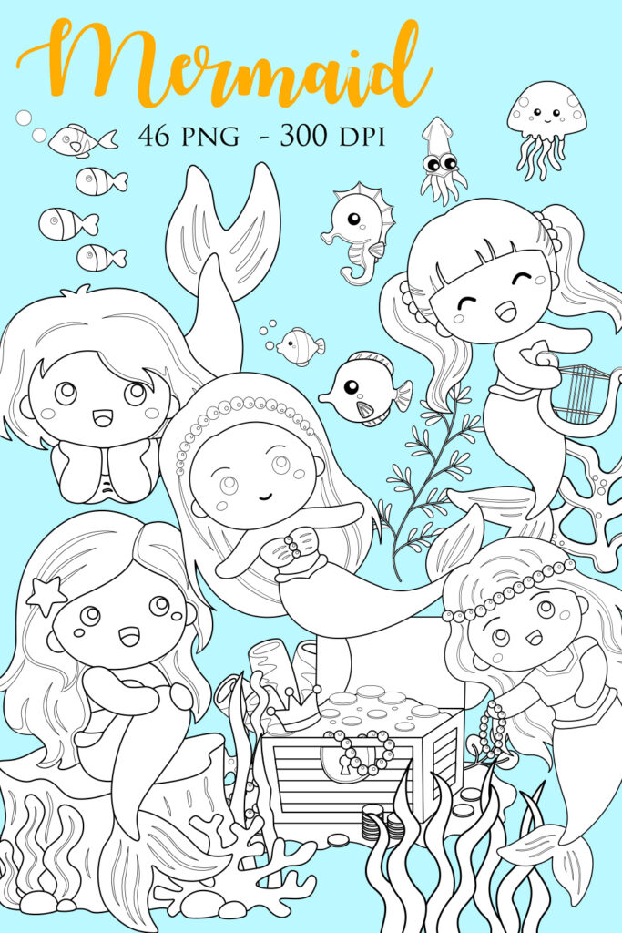 Swimming Mermaid In The Sea with Animals and Floral Treasure Digital ...