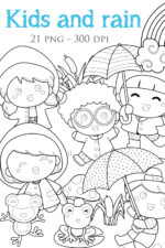 Cute Kids and Rain Weather with Animals Garden Digital Stamp Outline ...